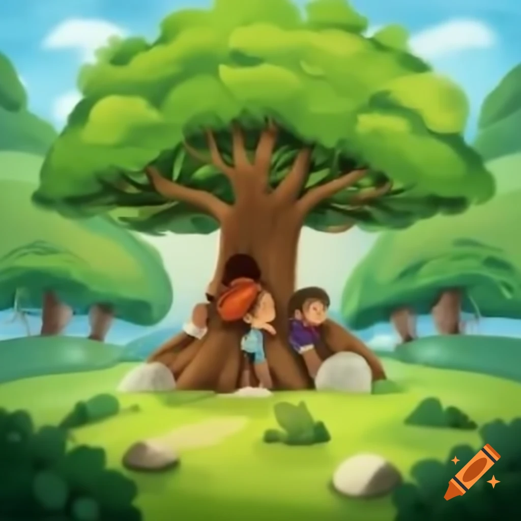 Colorful whimsical tree with people and children playing underneath ...