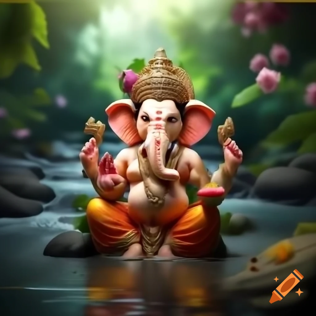 Ganpati bappa in serene natural setting surrounded by greenery and ...