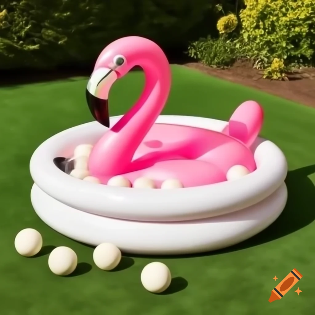 Pink flamingo pool float in white ball pit surrounded by garden on Craiyon