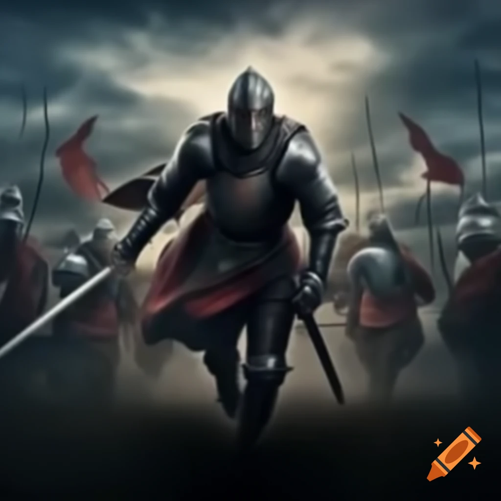 Knight kneeling with sword in a solemn pose on Craiyon