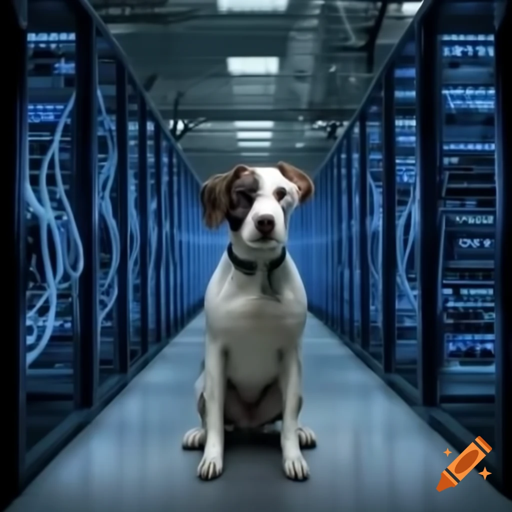 Dog in network server room with wires suggesting playful mishap on Craiyon