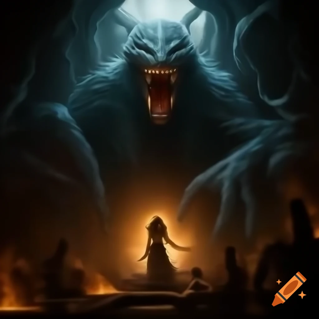 Dynamic scene of creature lunging at character in an intense fantasy ...