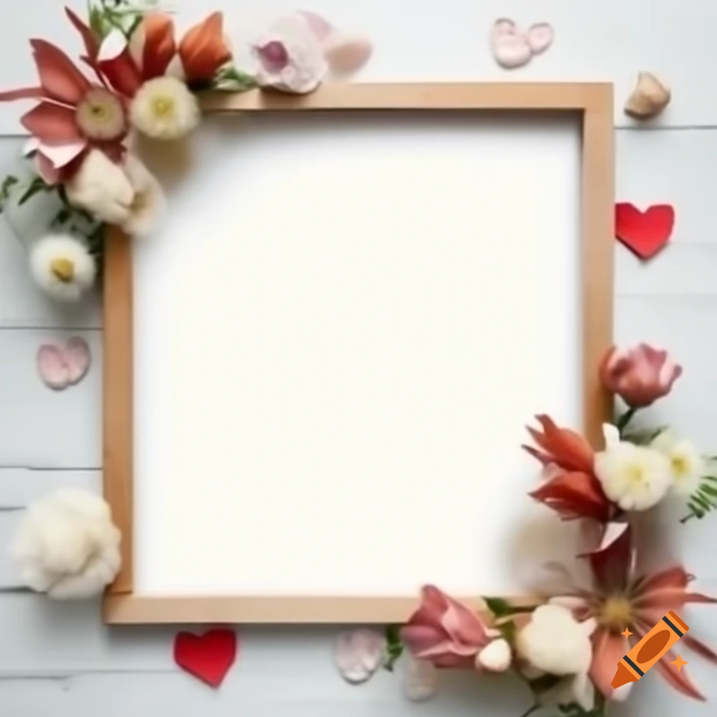 Square frame adorned with wooden and paper flowers in the center on Craiyon