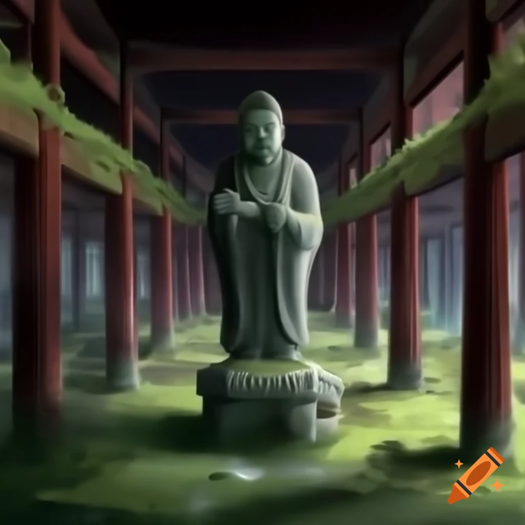 Ancient stone statue in overgrown temple hall, ink and watercolor style ...