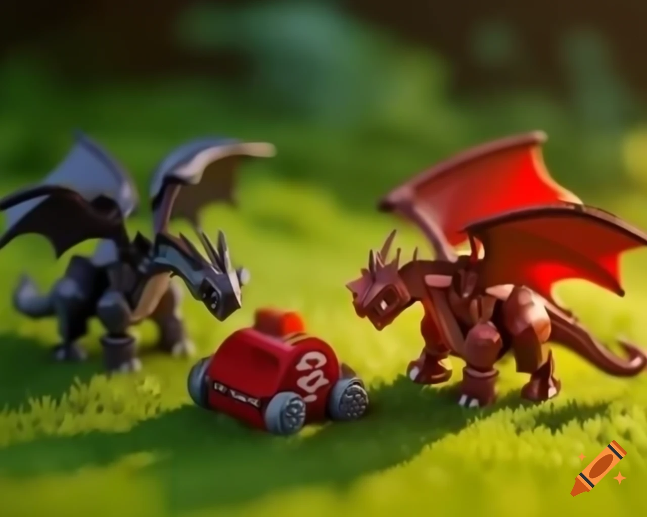 Anime scene of red forest dragon battling large flying robots in studio ...