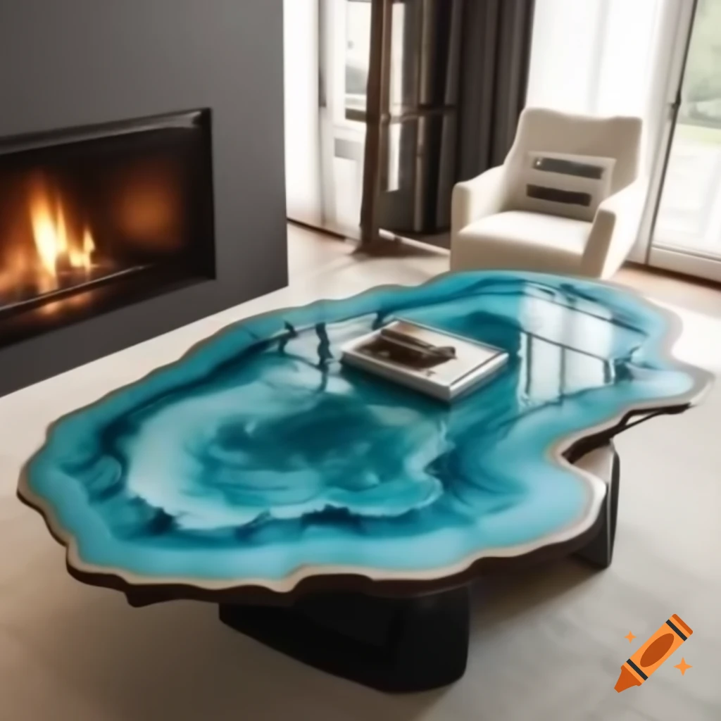 Teal blue resin geode coffee table in luxurious living room with ...