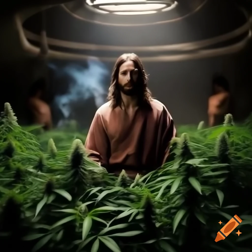 Jesus and traditional Jamaican man in underground cannabis farm on Craiyon
