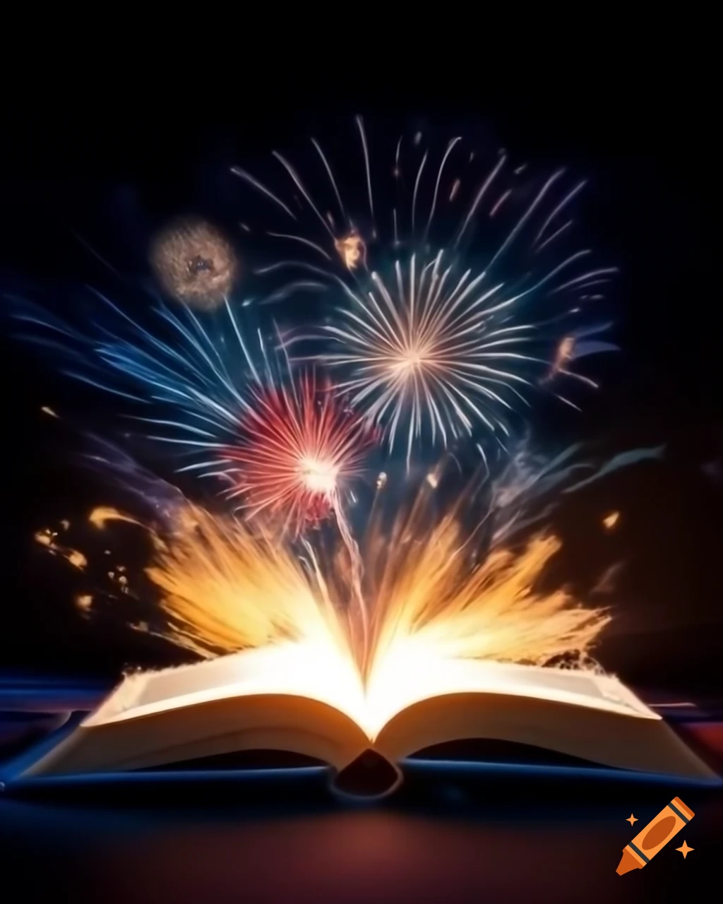 Book with fireworks exploding from pages, vibrant colors in background ...