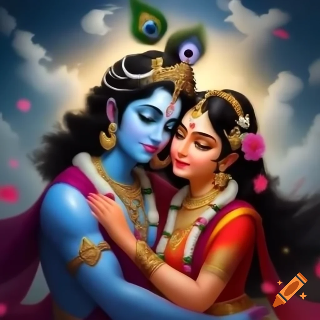Digital illustration of Krishna and Radha in romantic embrace on Craiyon