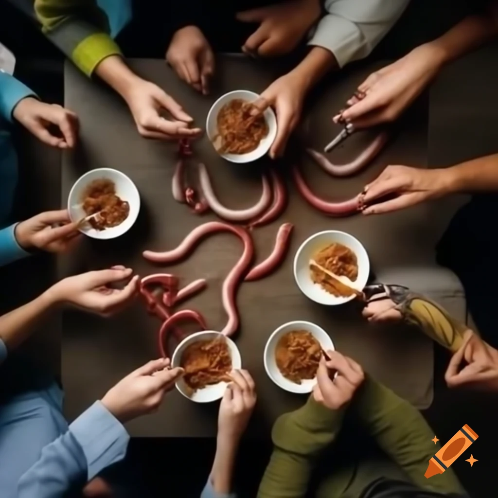 People engaging in culinary activity involving worms on Craiyon