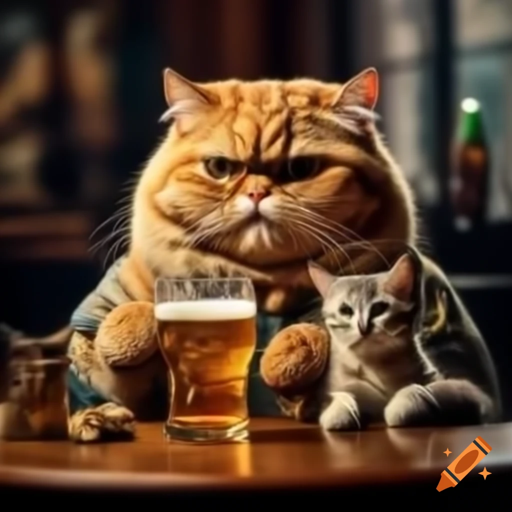 Obese father cat teaching kitten to gamble and drink beer on Craiyon