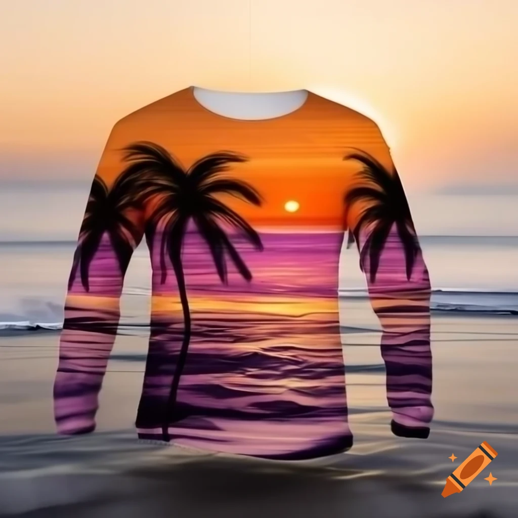 Long-sleeve shirt with sunset tones and sailboat over calm ocean on Craiyon