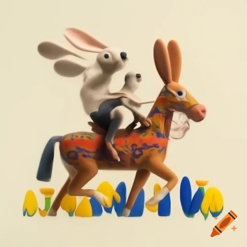 Artistic scene of joyful rider on a large rabbit with saddle, one arm ...