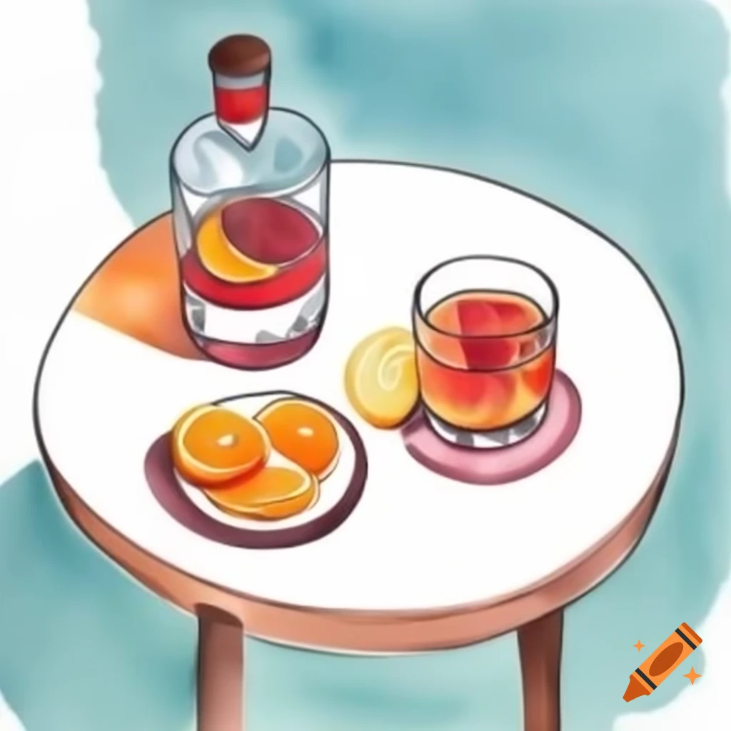 Watercolor drawing of two Negronis with sliced oranges on a table on ...