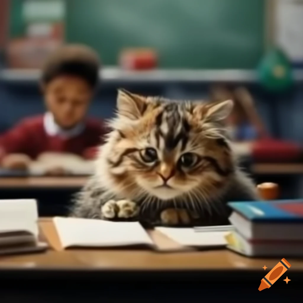 Fluffy cat in a classroom setting on Craiyon