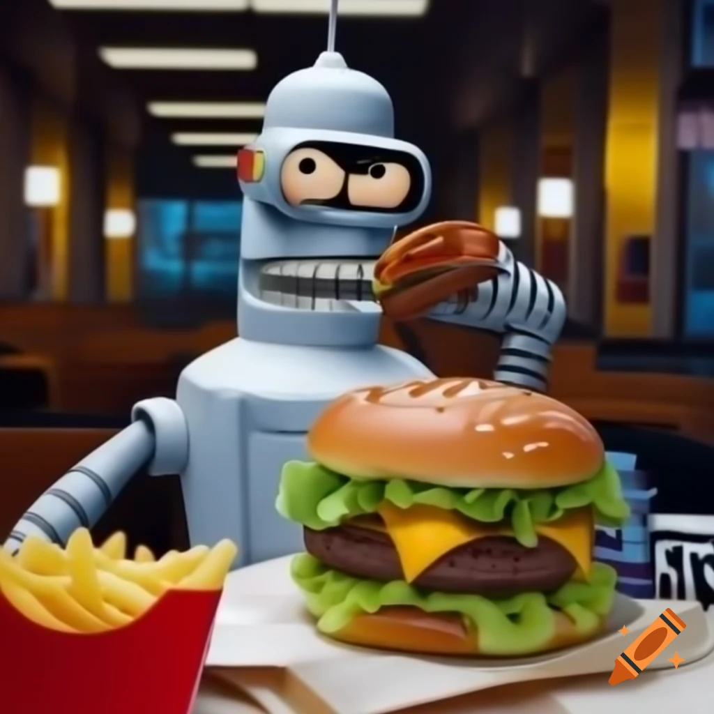 Detailed caricature of bender enjoying mcdonald's burger and fries in a ...
