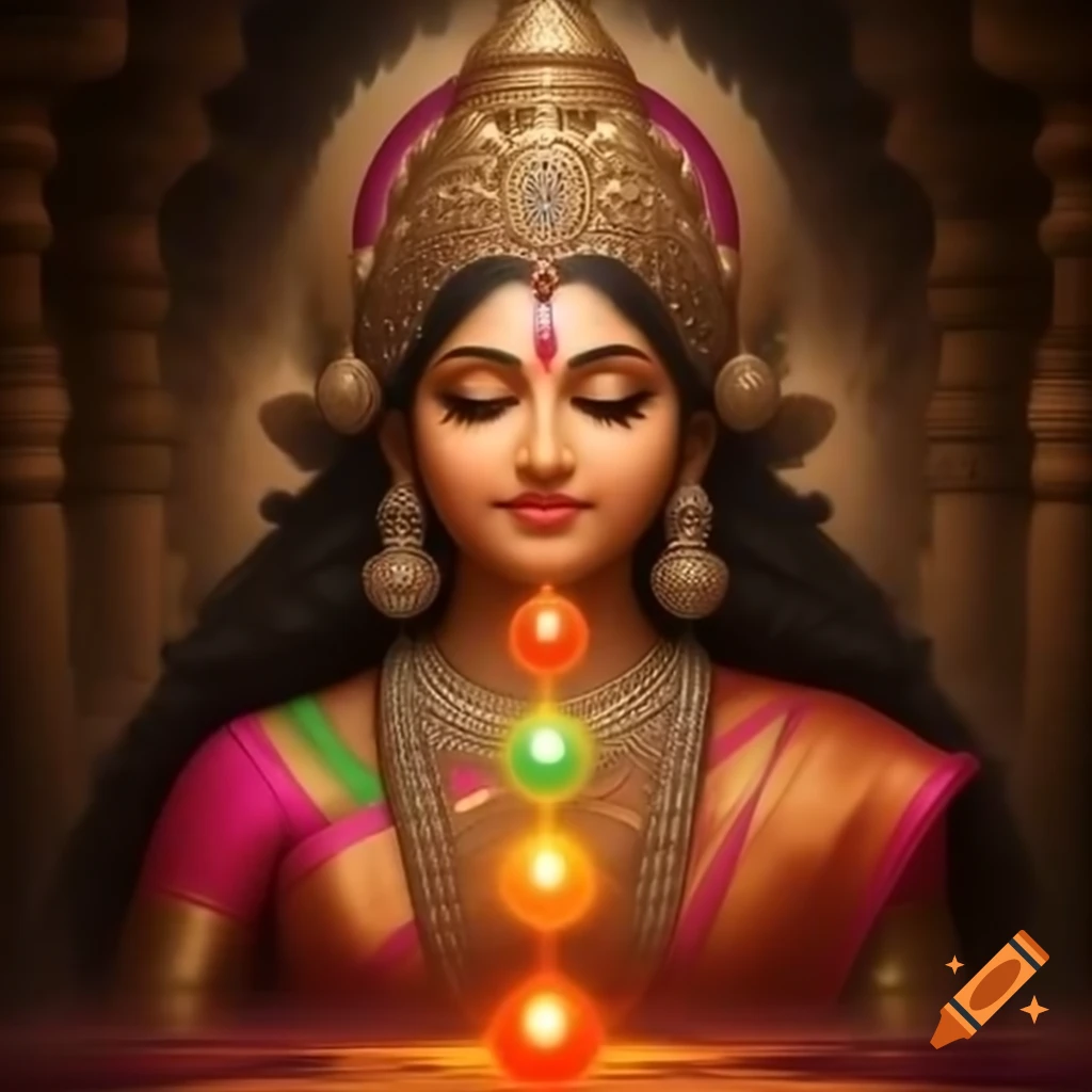 Detailed depiction of lalitha tripura sundari with srihari chakra in ...