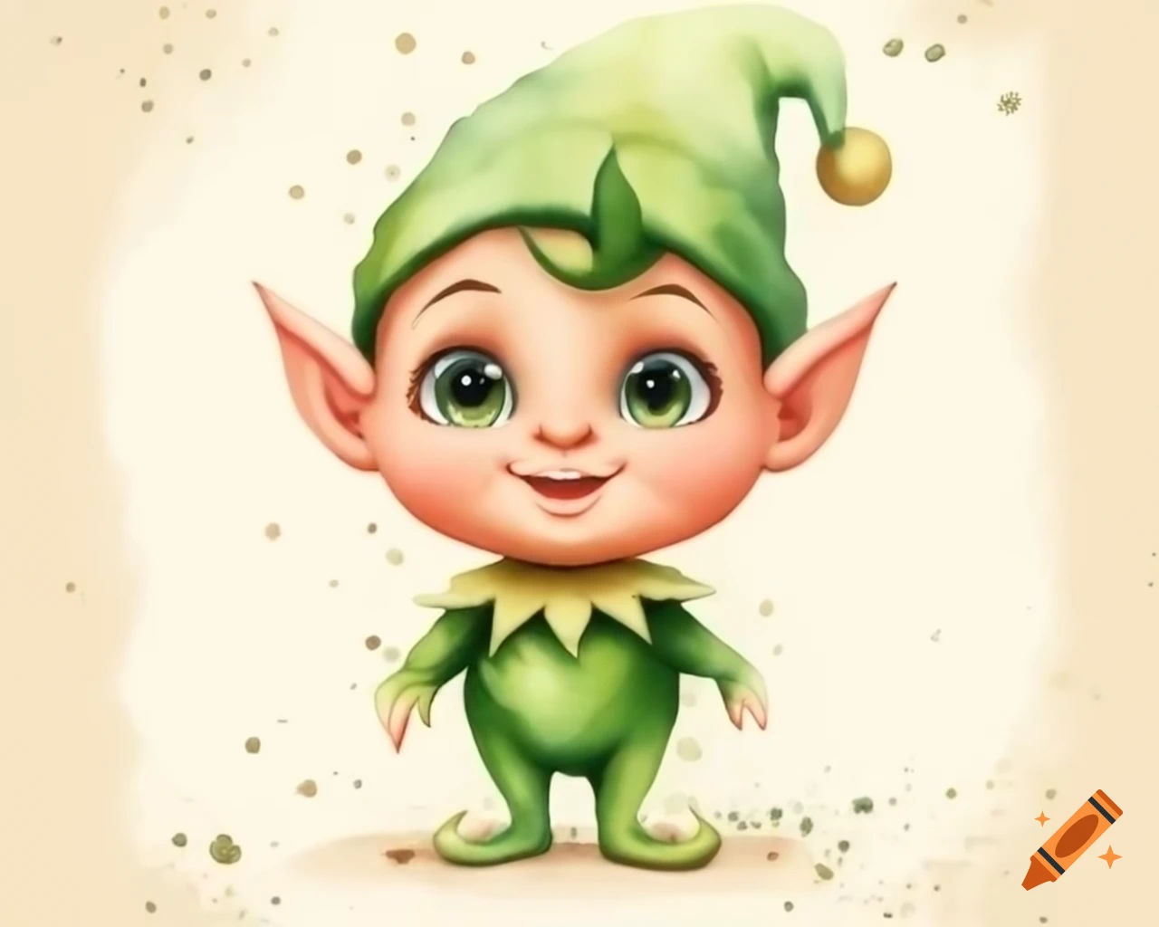 Gum nut baby elf in watercolor shades of green, white, and gold ...