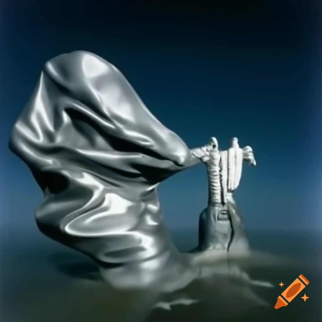 Pop surreal photography featuring a detailed silver statue from the ...