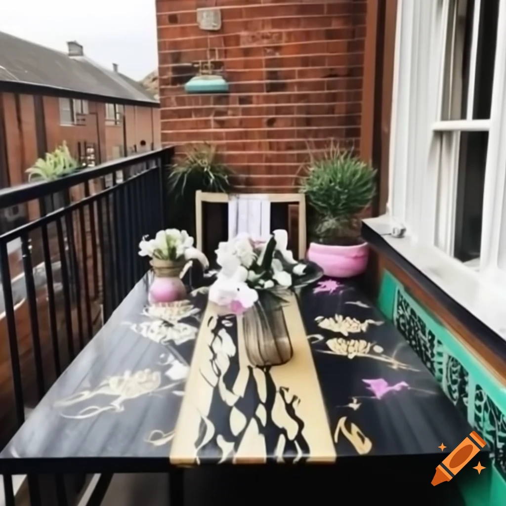 Spray painted black table with flower designs and stripes on balcony on ...