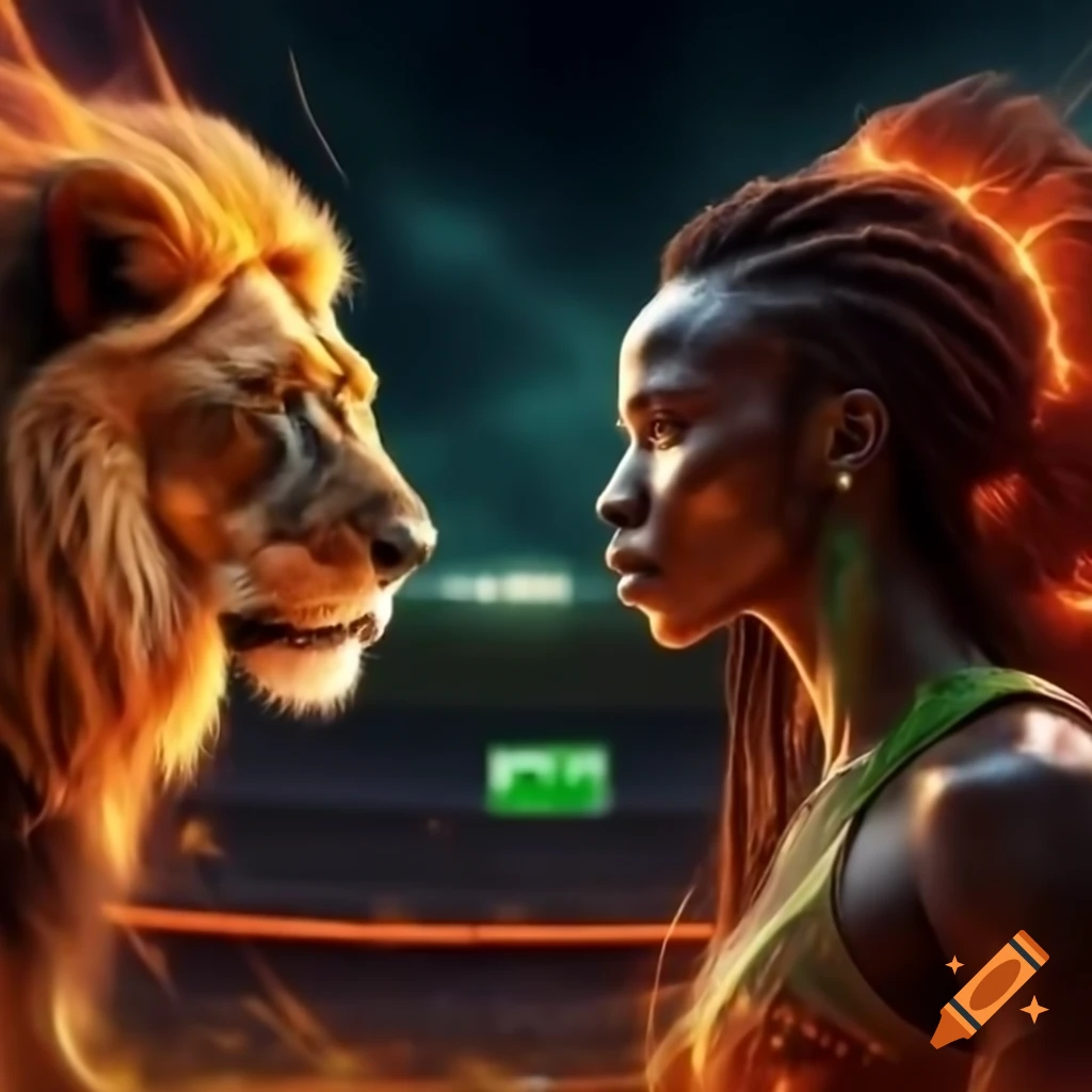 High-contrast scene of fierce lioness and determined African woman in ...