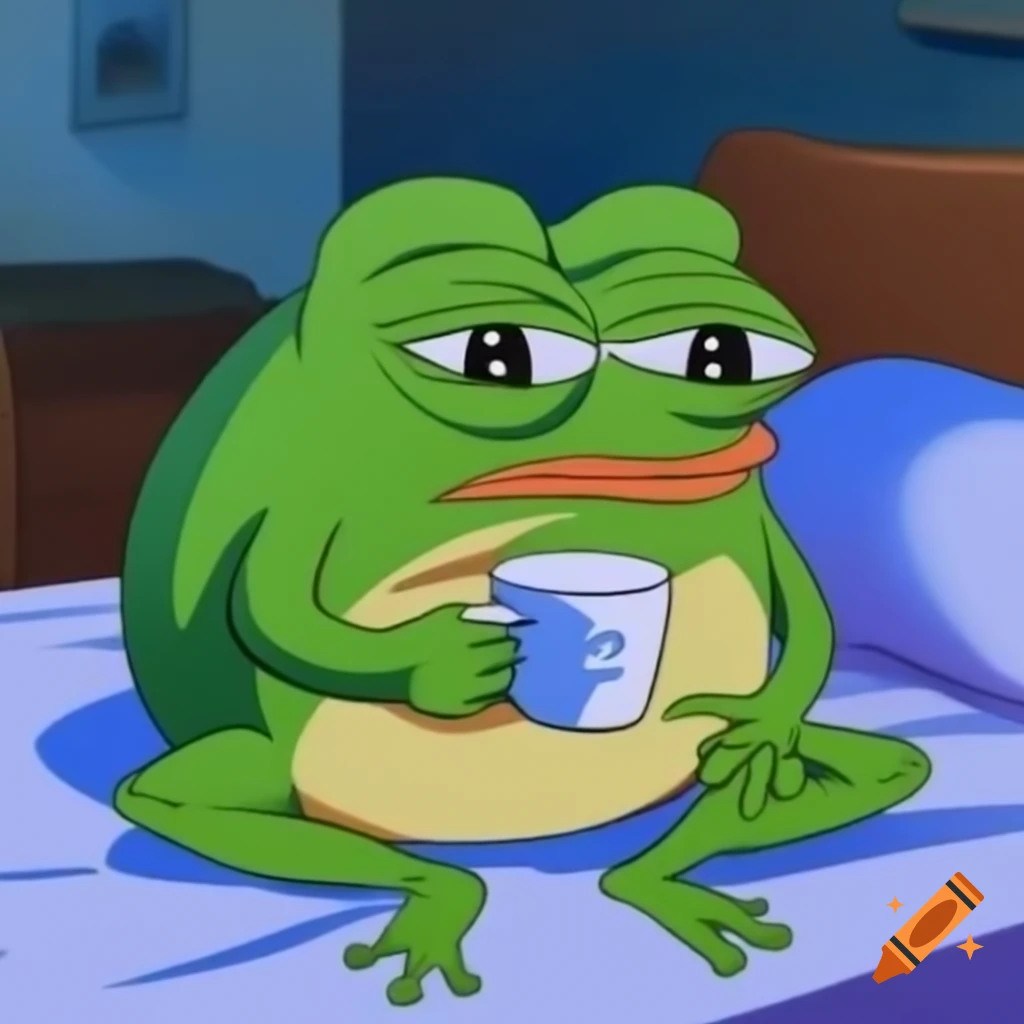 Grumpy frog in bed holding a cup of coffee on Craiyon