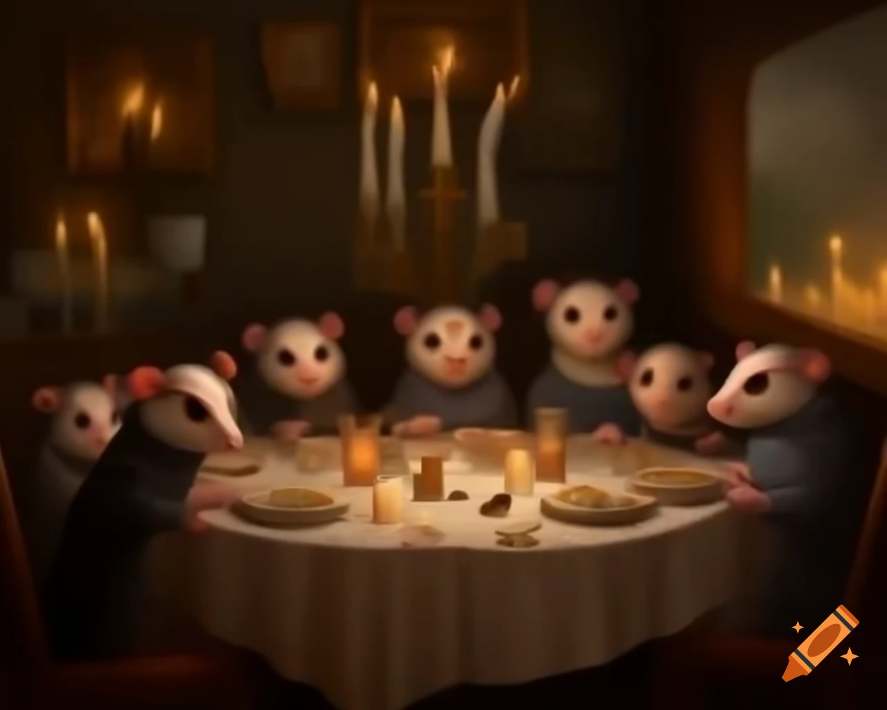 Group of possums at candlelit dinner table with a feast on Craiyon