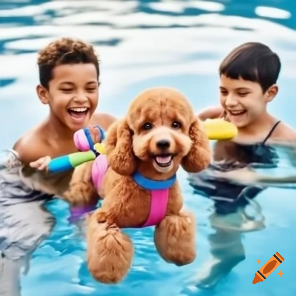 Chocolate color Toy Poodle playing with children in a pool on Craiyon