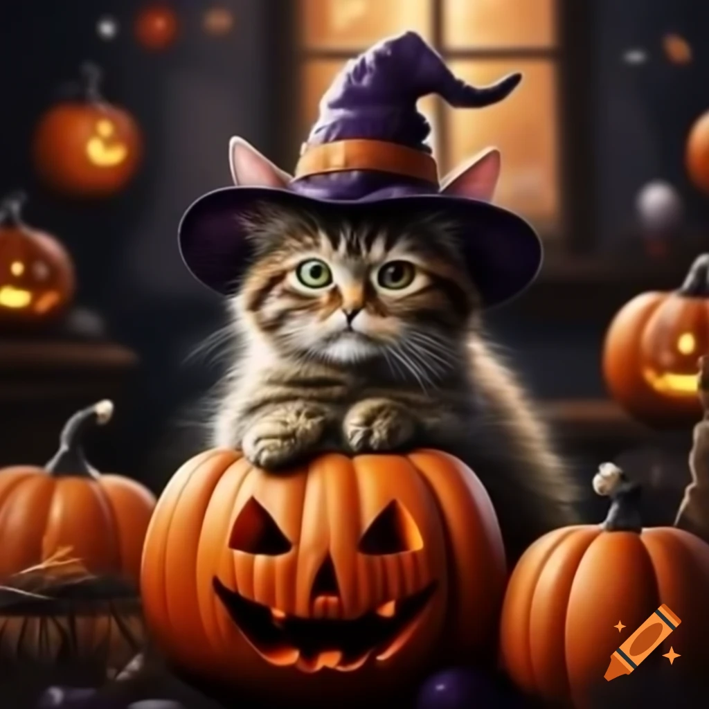 Halloween-themed cat with decorations on Craiyon