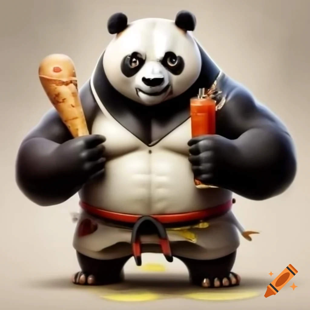 Muscular panda in judo-gi with yellow belt holding chicken drumstick ...