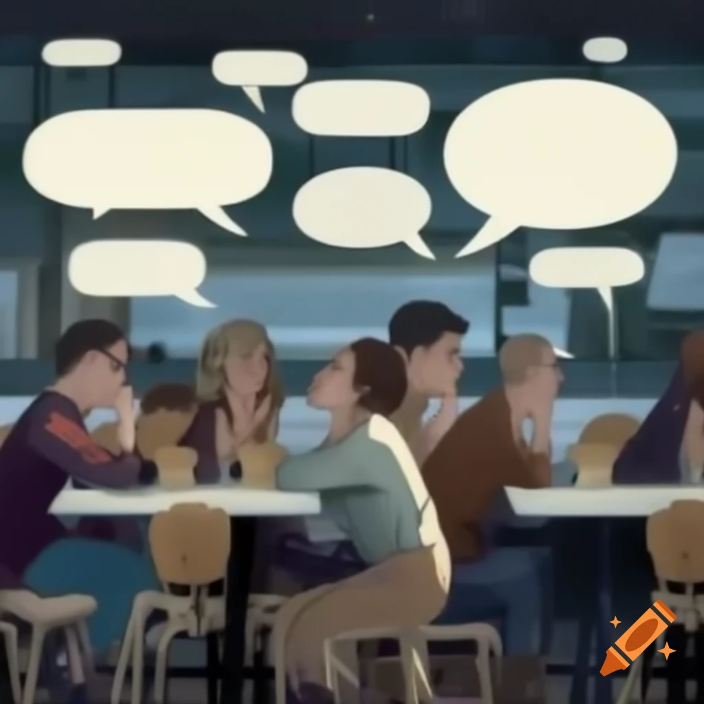 Busy cafe scene from the perspective of a person with spectacles, featuring people and blank ...