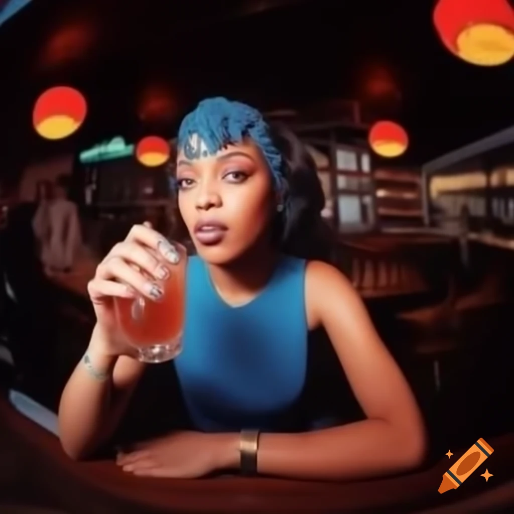 Modern jazz singer holding drink in bar, high detail on Craiyon