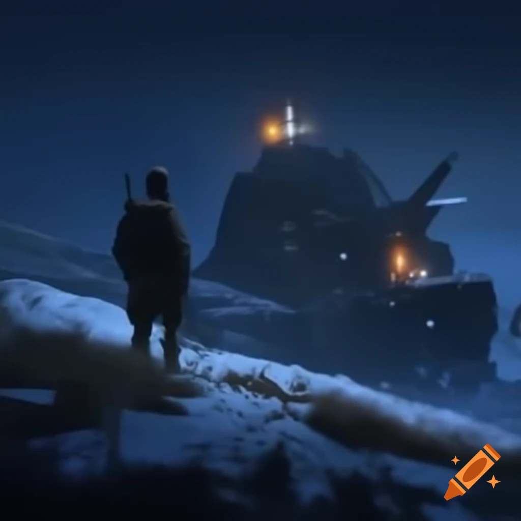 Military base on a hill illuminated at night during snowfall on Craiyon