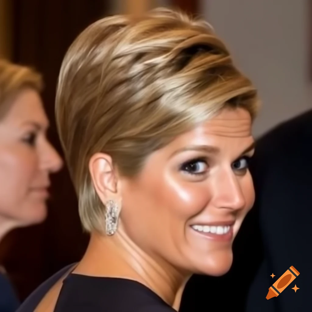 Queen Maxima with short pixie cut and clippered sides on Craiyon