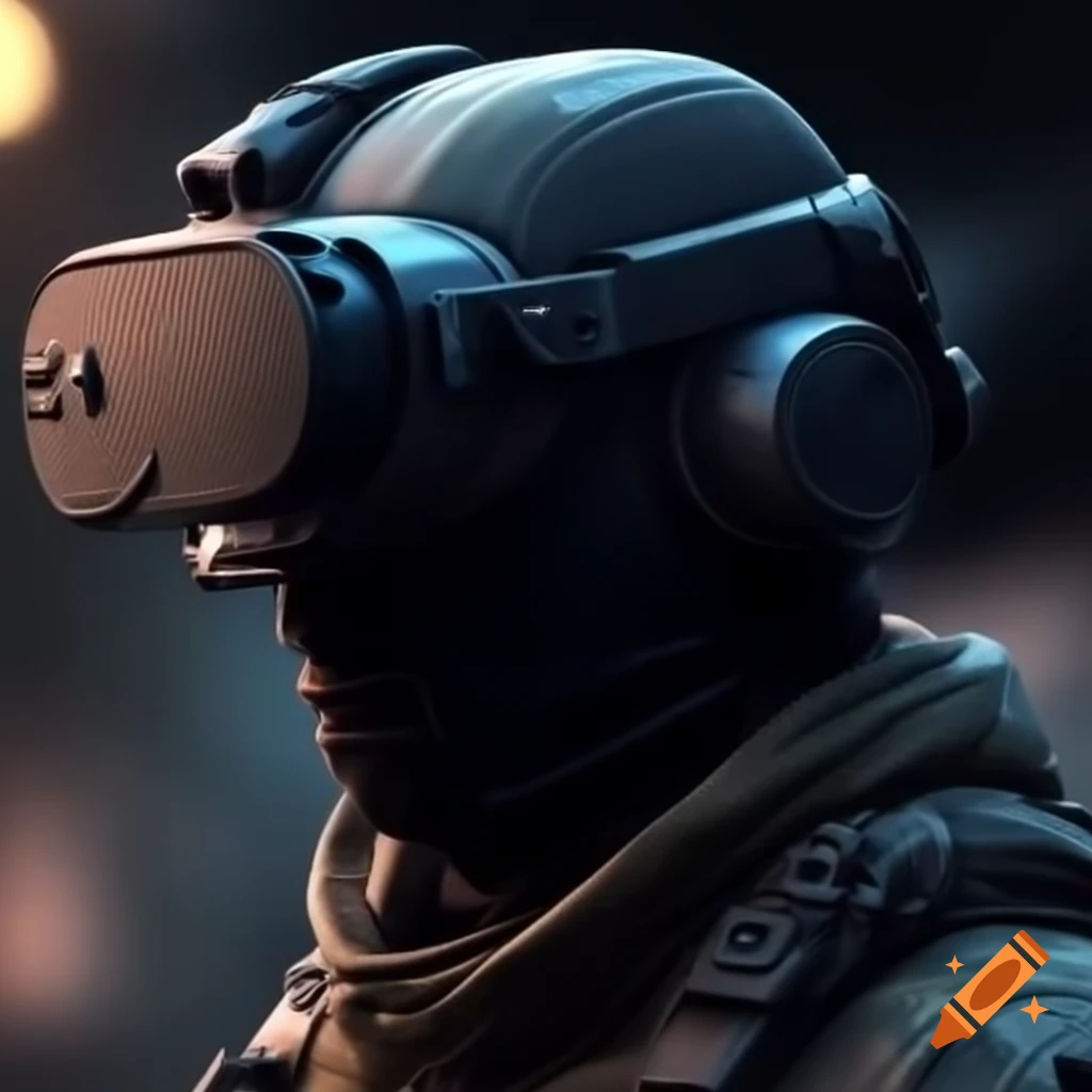 Soldier wearing virtual reality goggles and tactical armor in black and ...