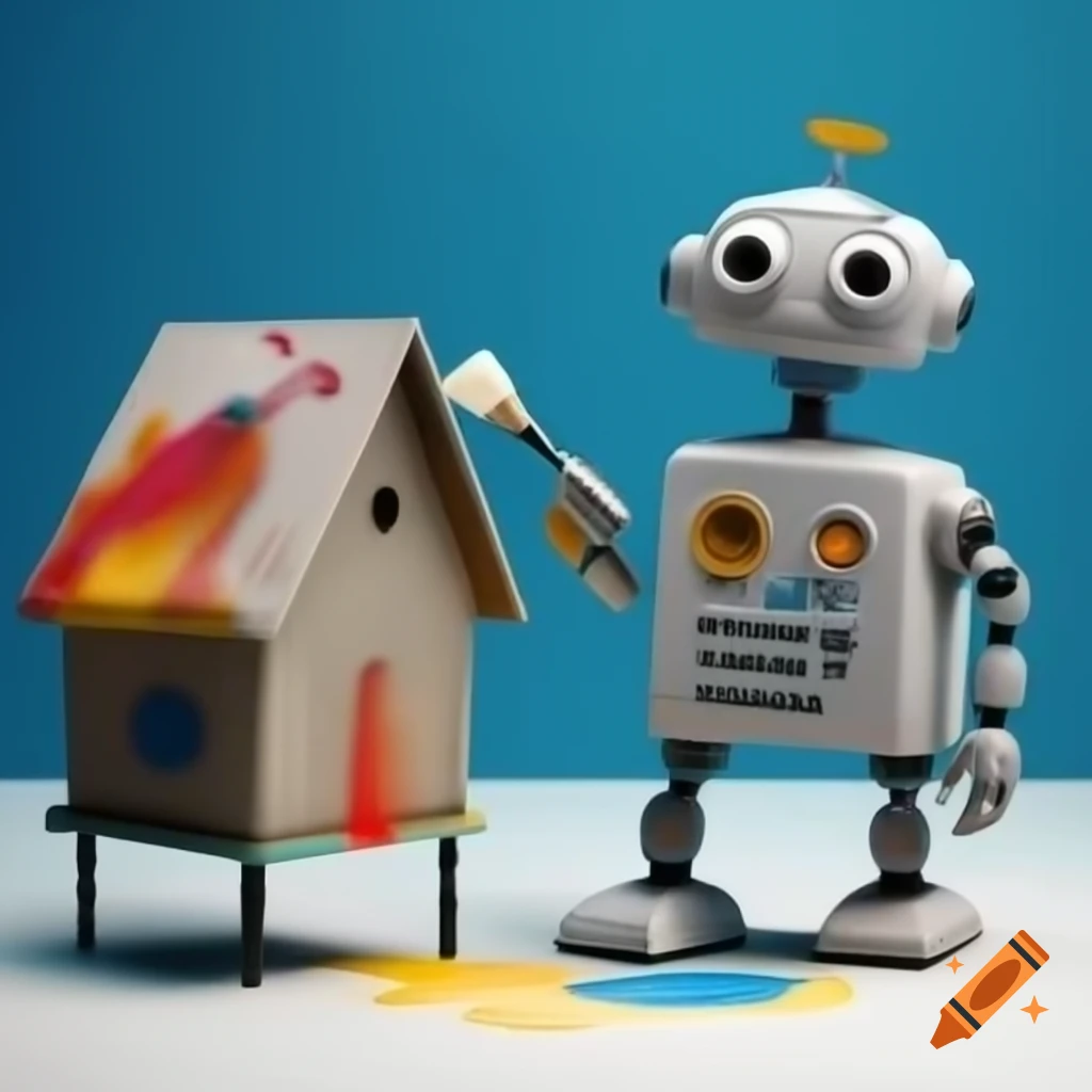 Robot with paintbrush attempting to paint a house on Craiyon