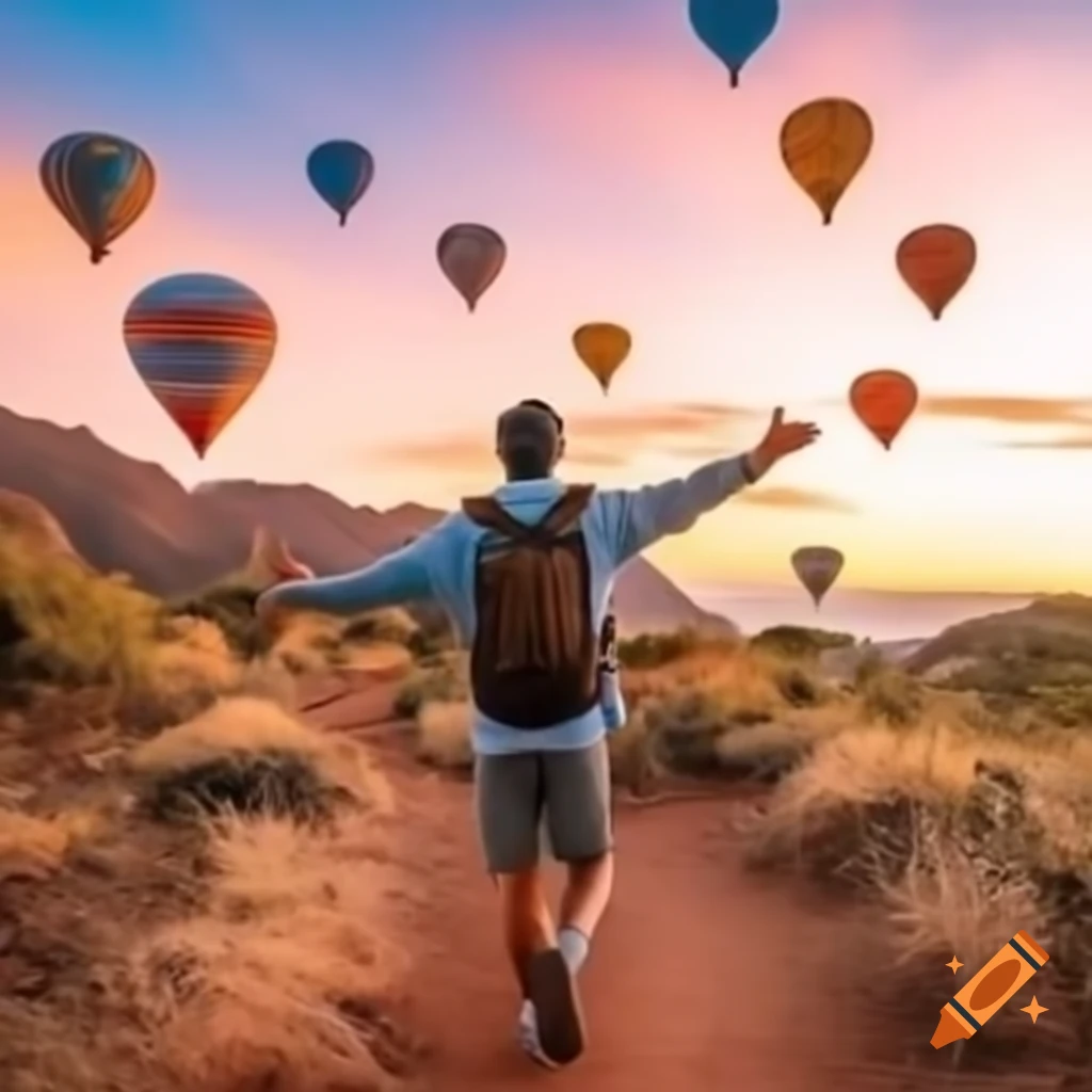 Traveler with a backpack standing on a hill with a winding path ...