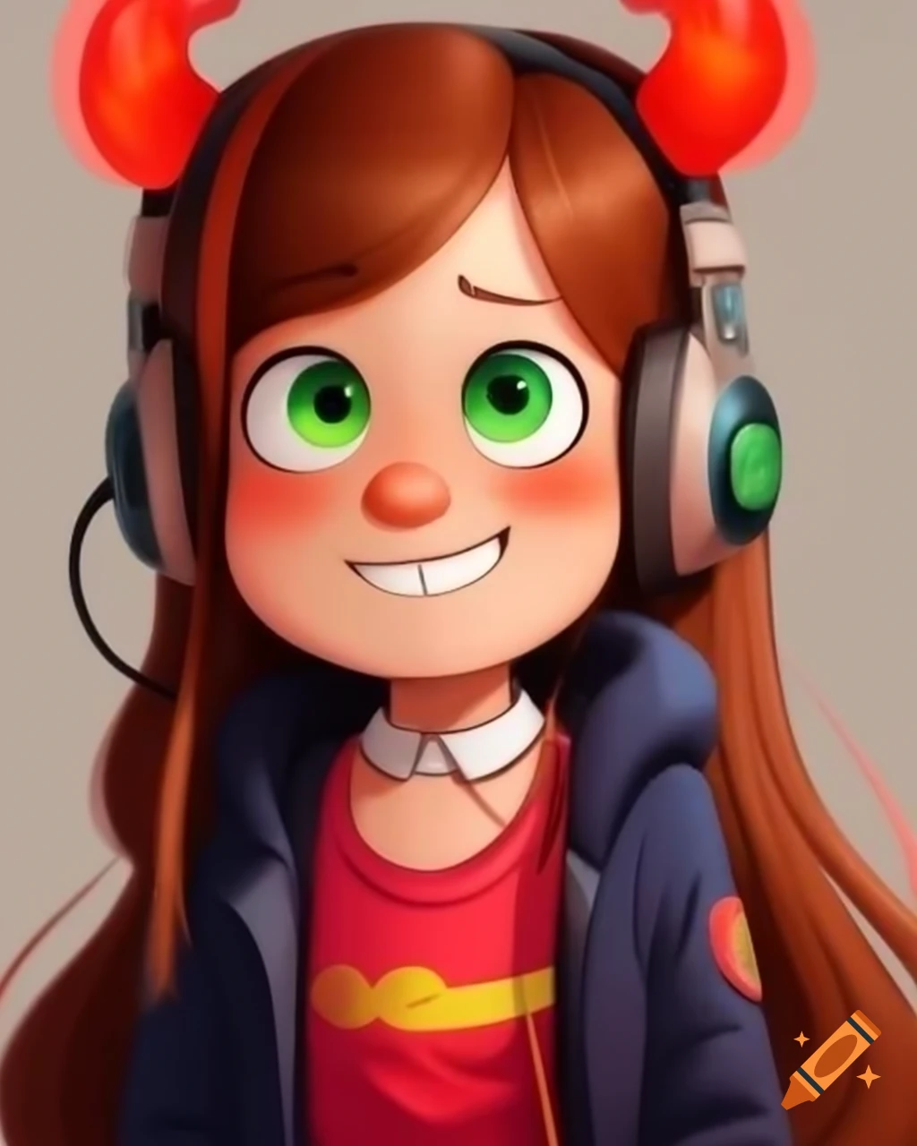 Detailed portrait of Mabel Pines with red horns and headset on Craiyon