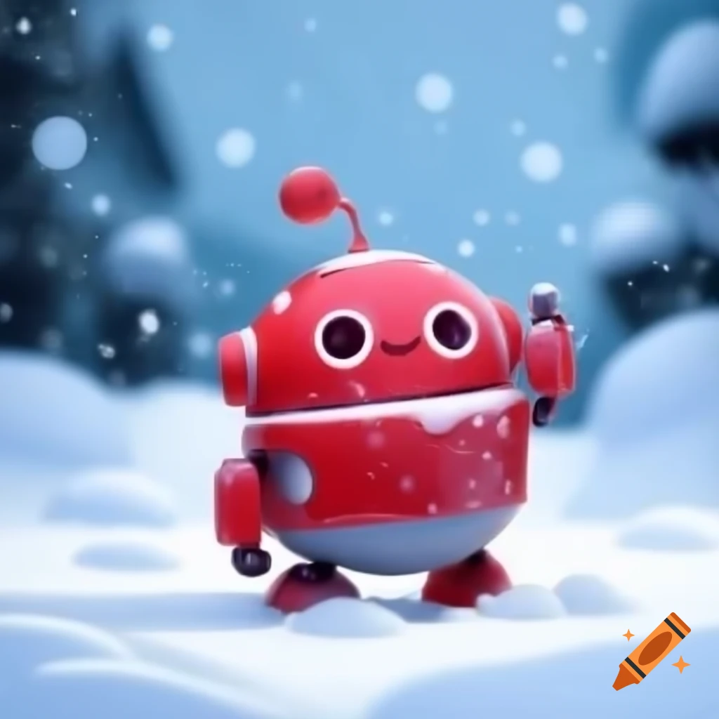 Cute red robot in snowy landscape on Craiyon