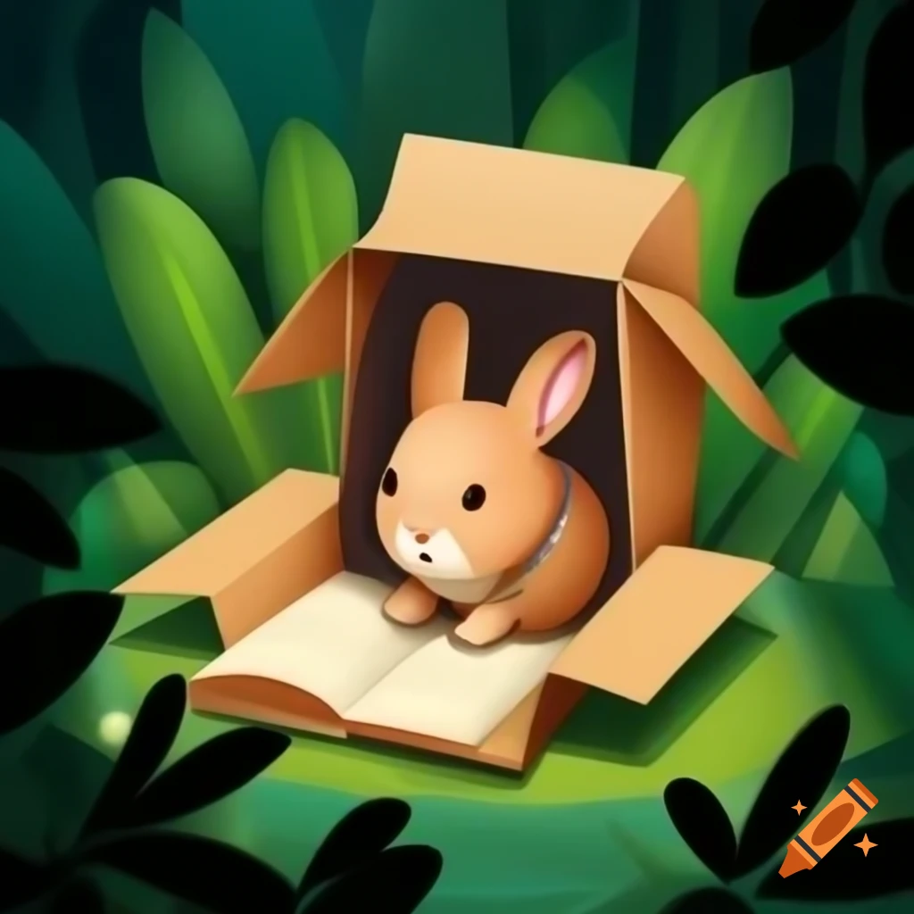 Cartoon style drawing of rabbit adventure through woods meeting forest animals on Craiyon