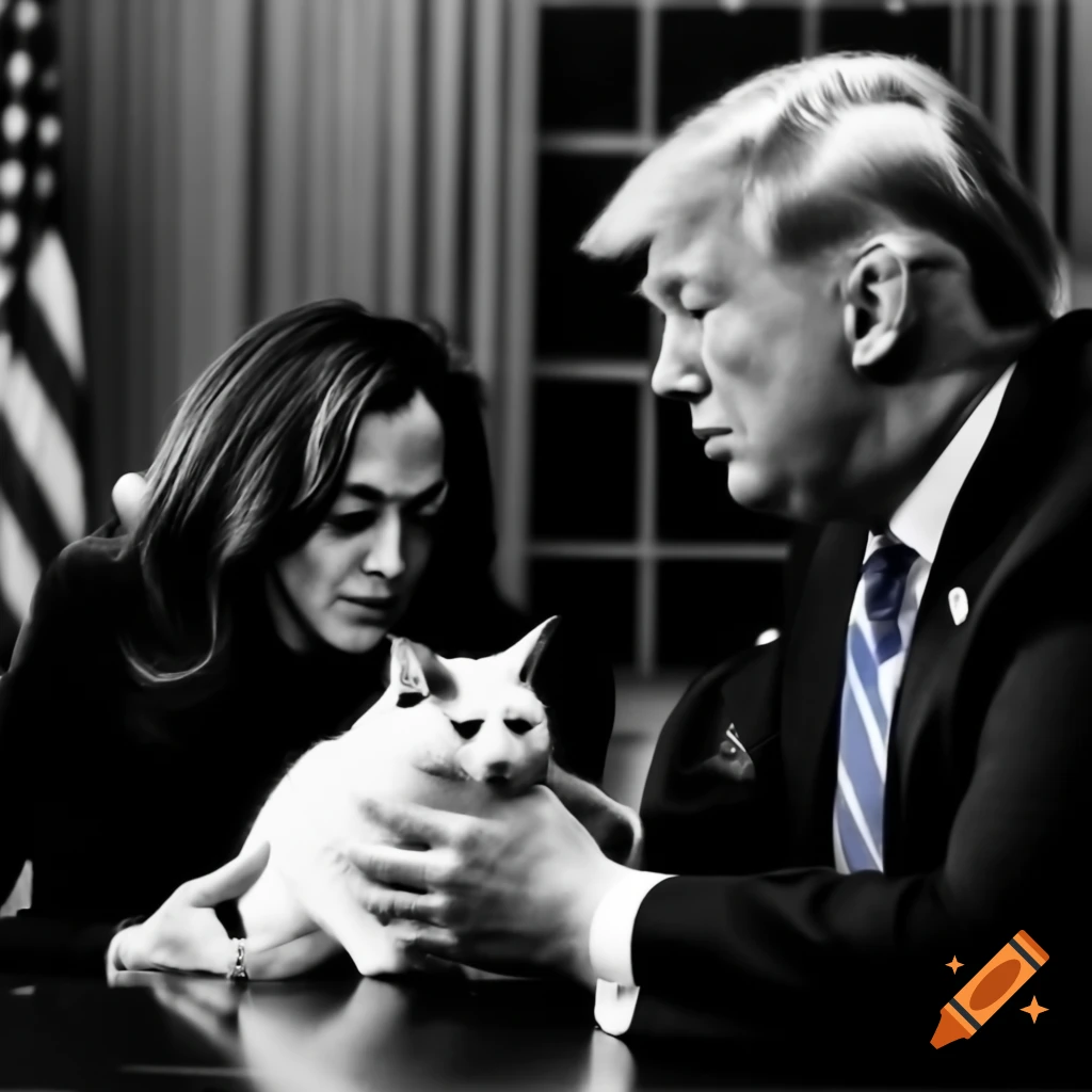 Donald trump with a cat amidst political figures on Craiyon