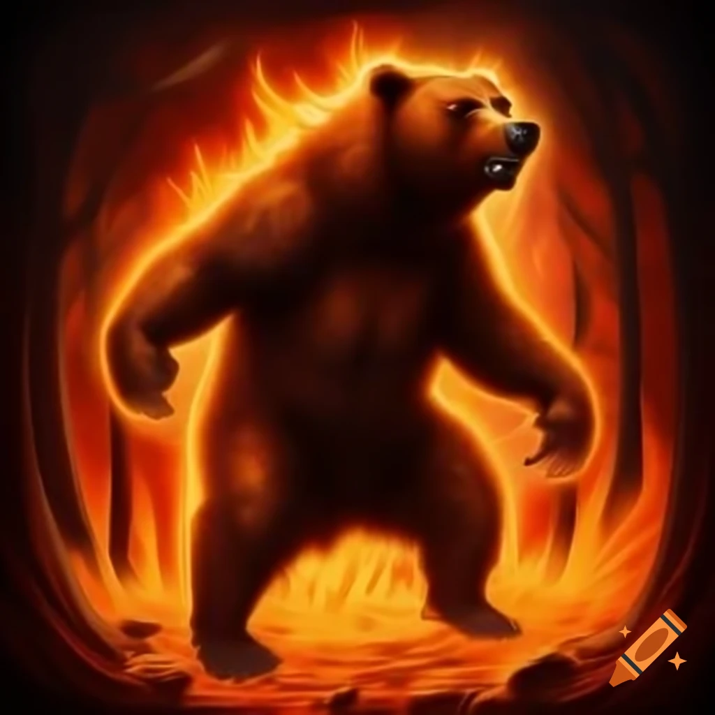 Spiritual bear with poisonous claws running atop fire in mythical woods ...