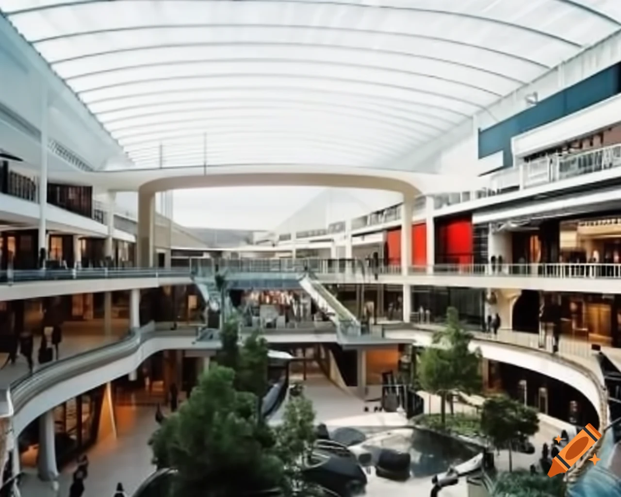 Modern landscape featuring large diverse shopping malls on Craiyon