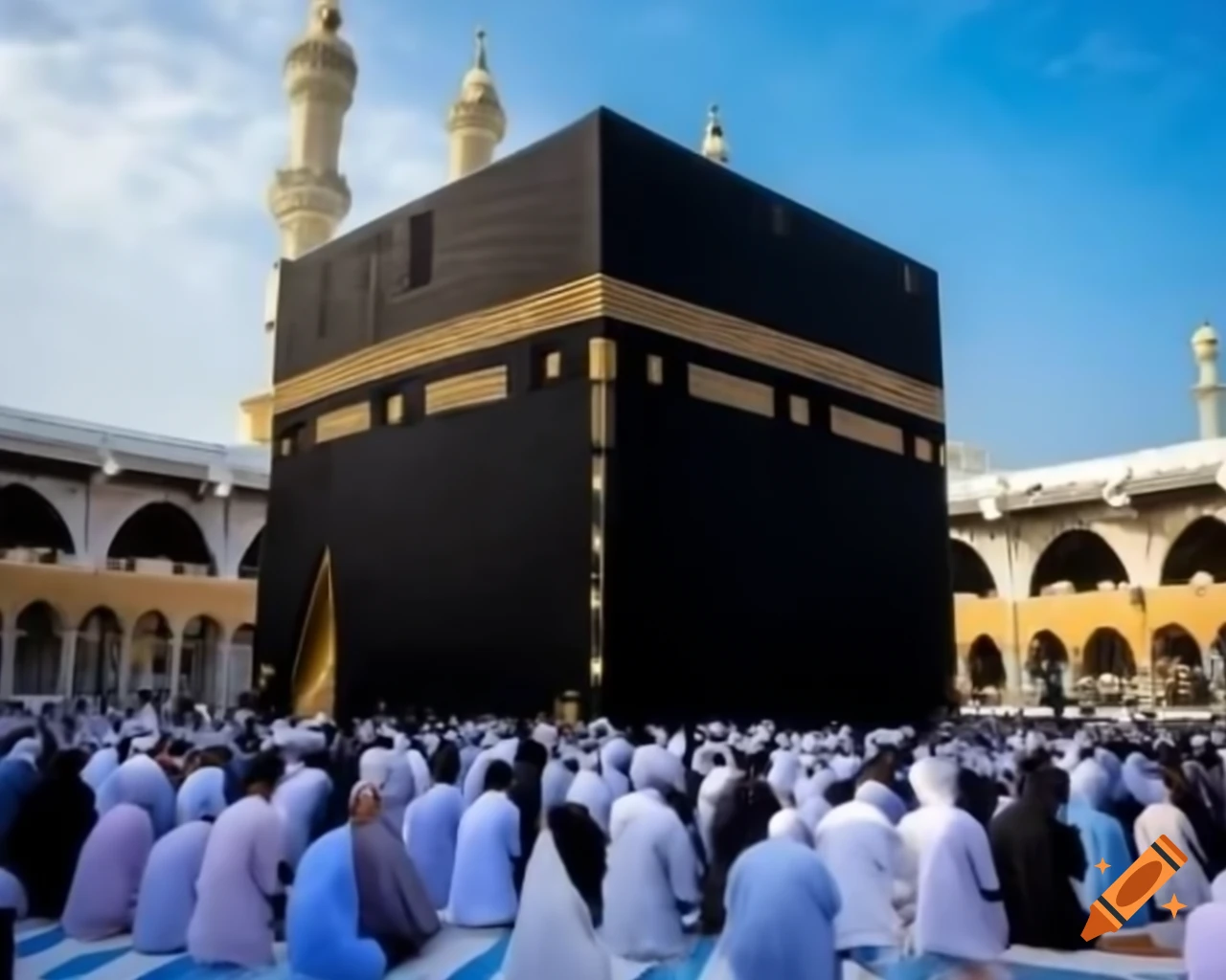 Muslims prostrating towards Kaaba, symbolizing unity and repentance on ...