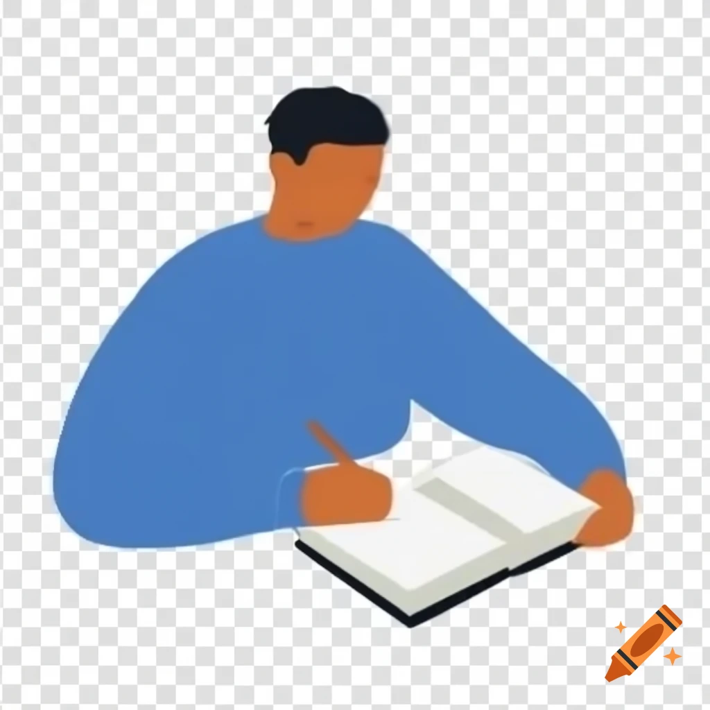 Line drawing of young man in blue sweater writing in a notebook on Craiyon