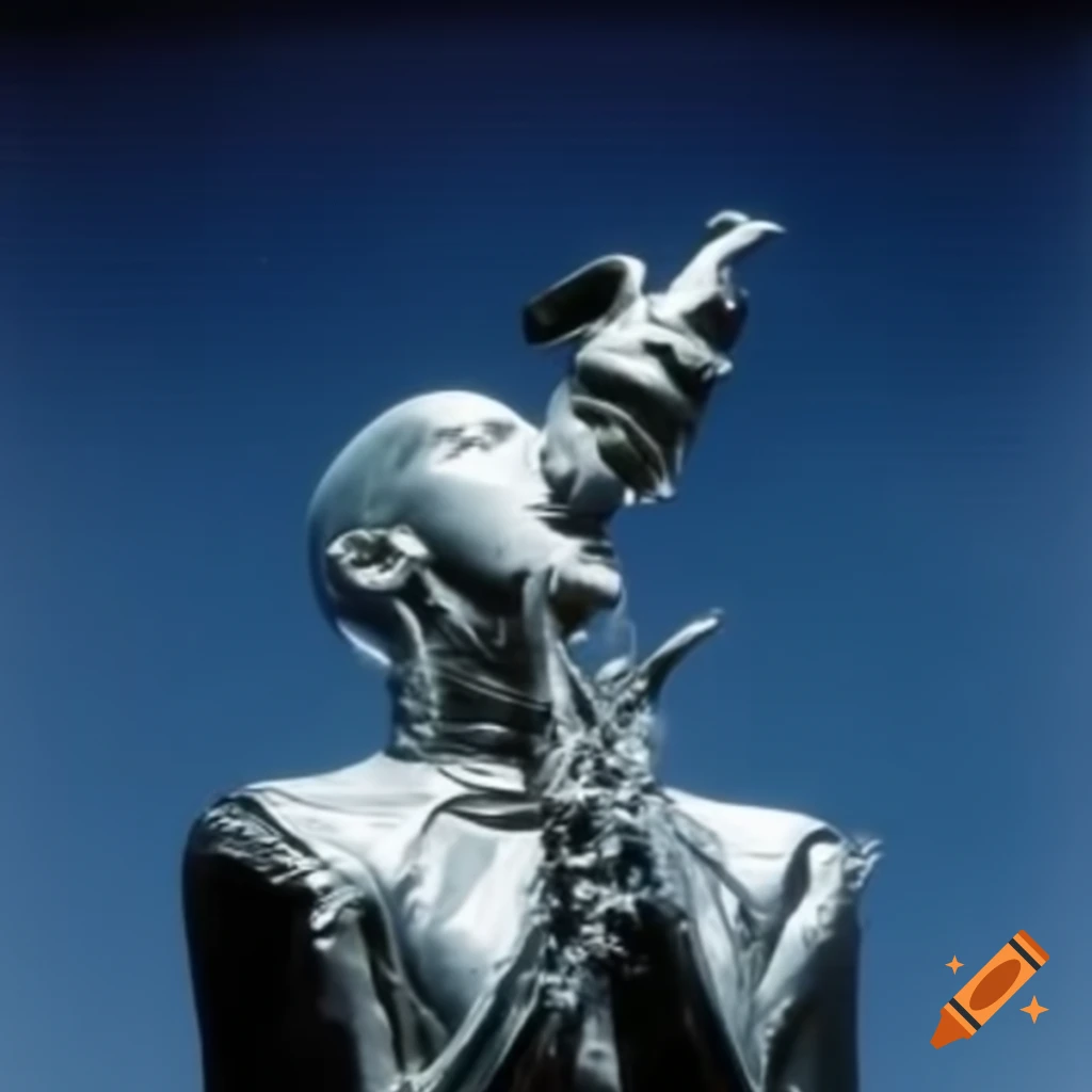 Pop surreal photography featuring a silver statue from the 2000s on Craiyon