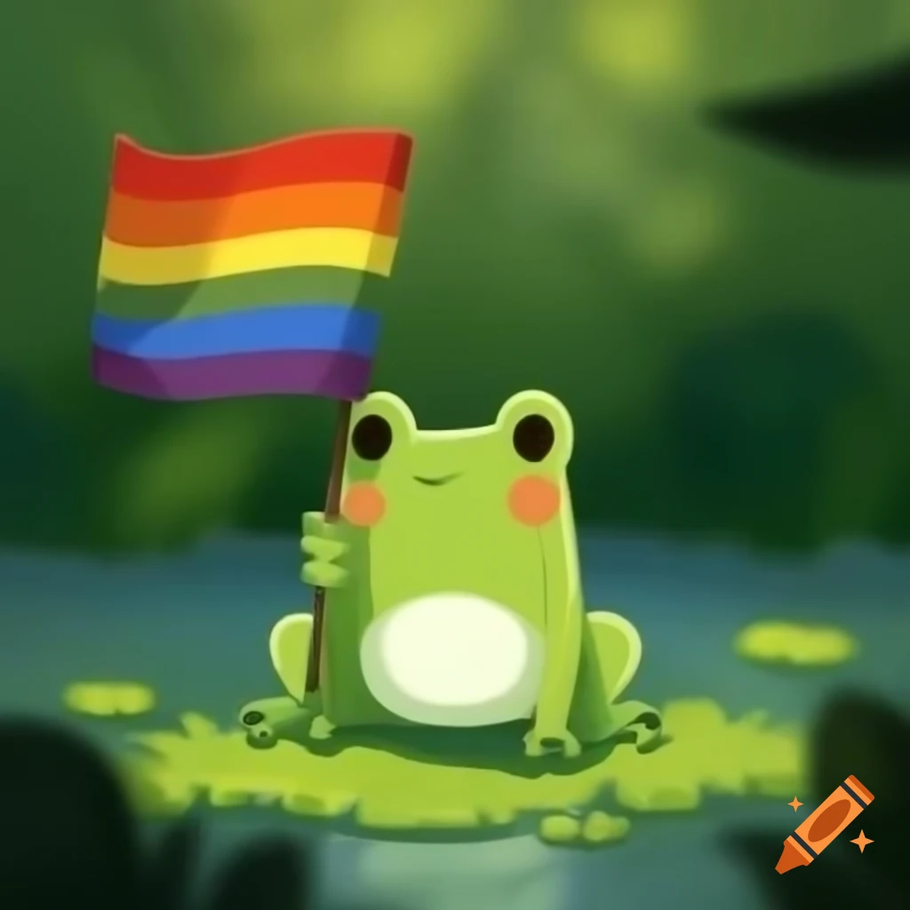 Kawaii frog holding pride flag with forest pond background on Craiyon
