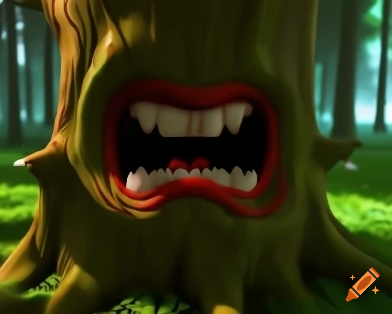 Creepy human face made of bark on tree in woods, 3d cgi anime fantasy ...