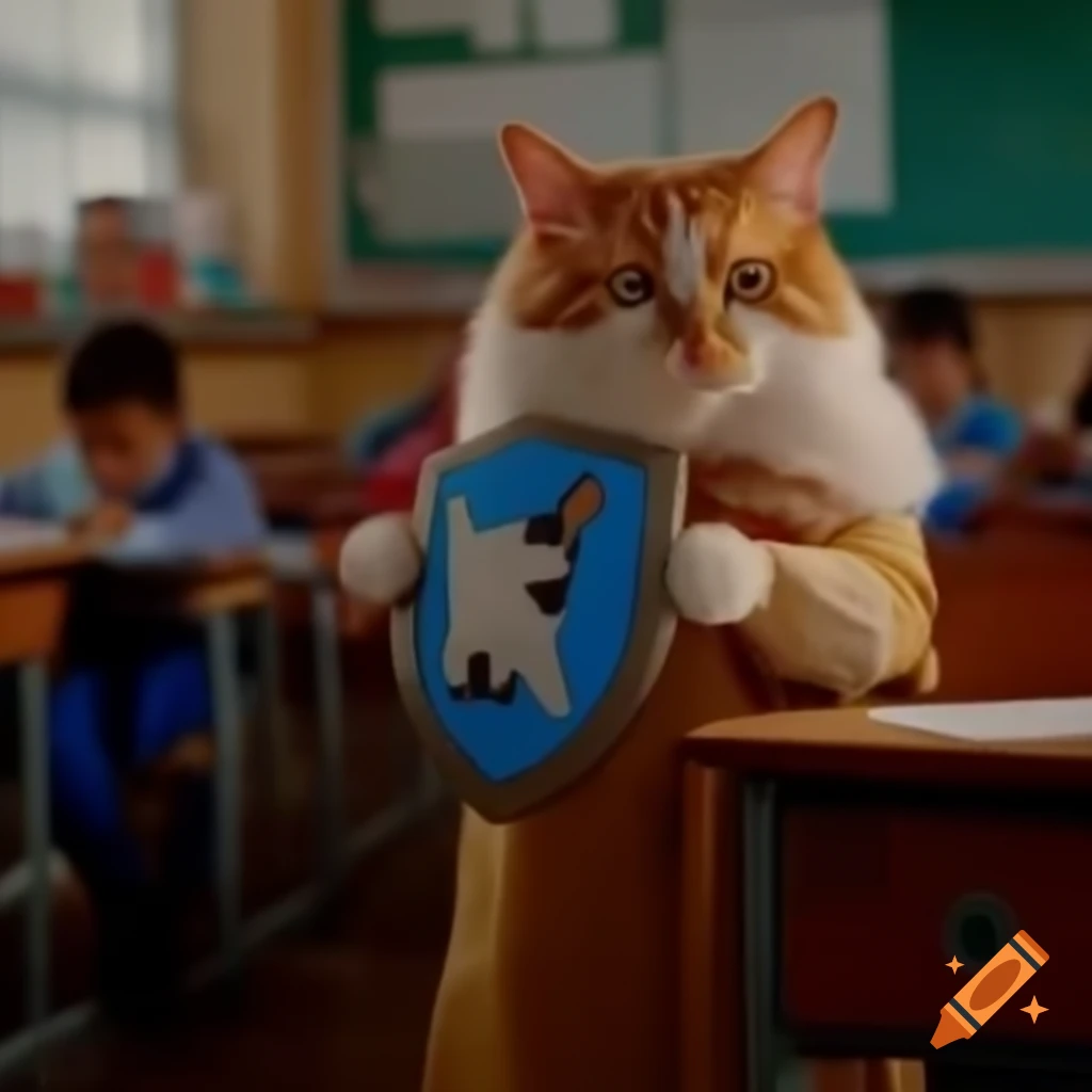Child playfully using cat as shield in classroom on Craiyon