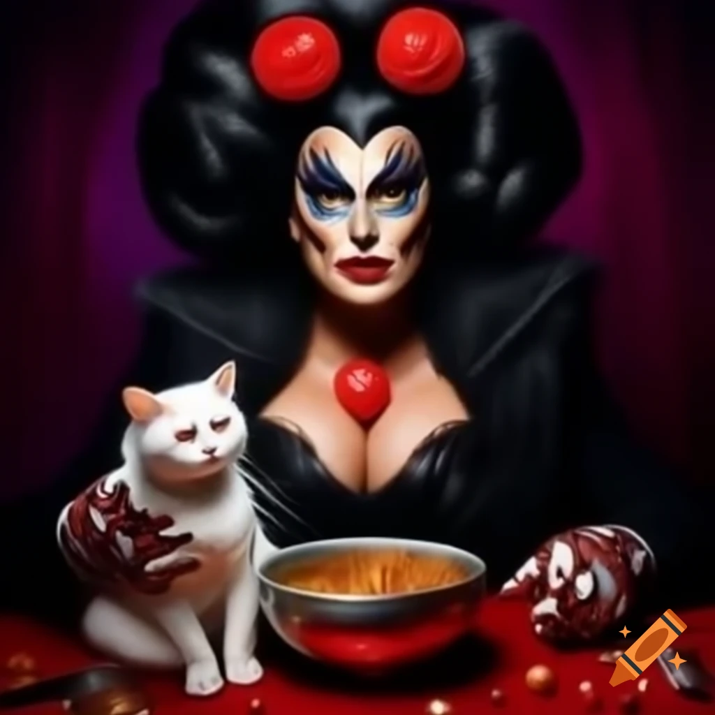 Evil drag queen holding cat in bowl on Craiyon